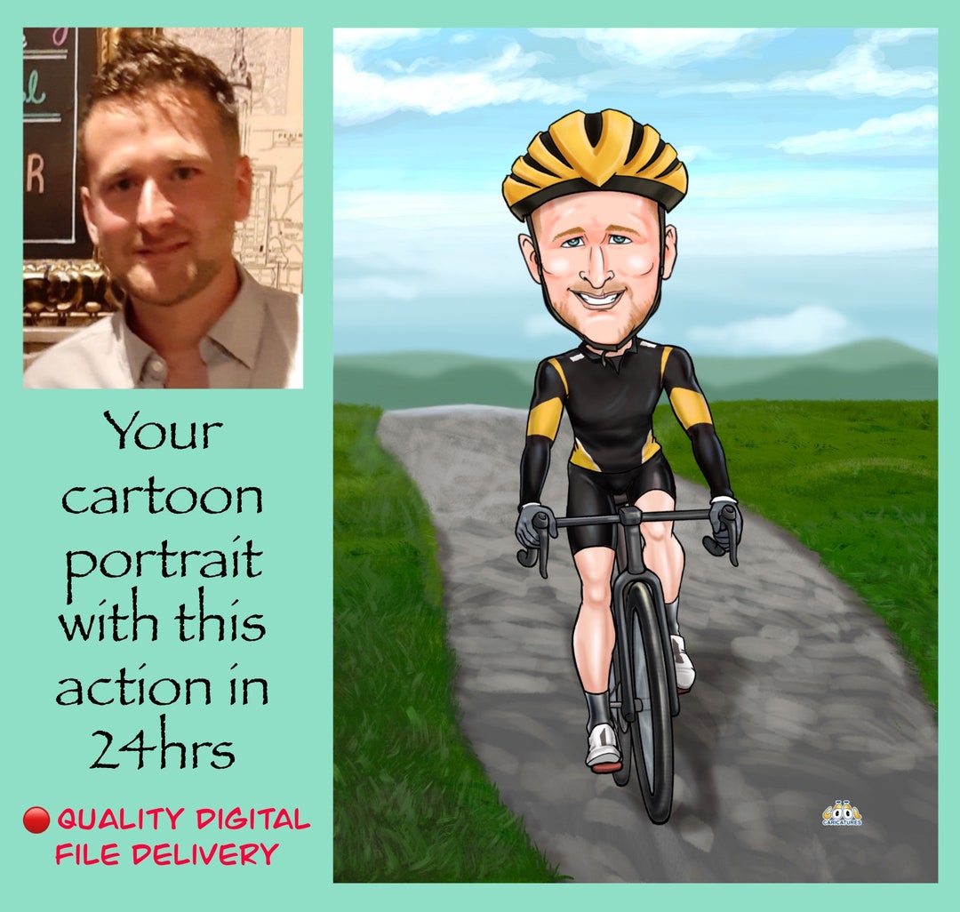 Male Bicycle Cycling Cartoon Caricature Poster as Wall Art Gifts | Bike ...
