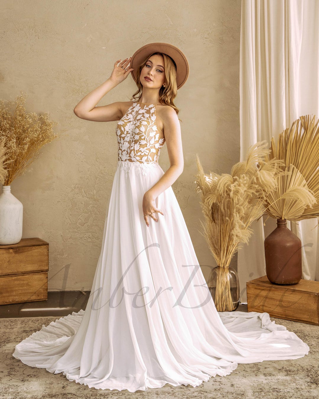 Simple Floral Wedding Dress Long Train Rustic Dress Wedding With ...