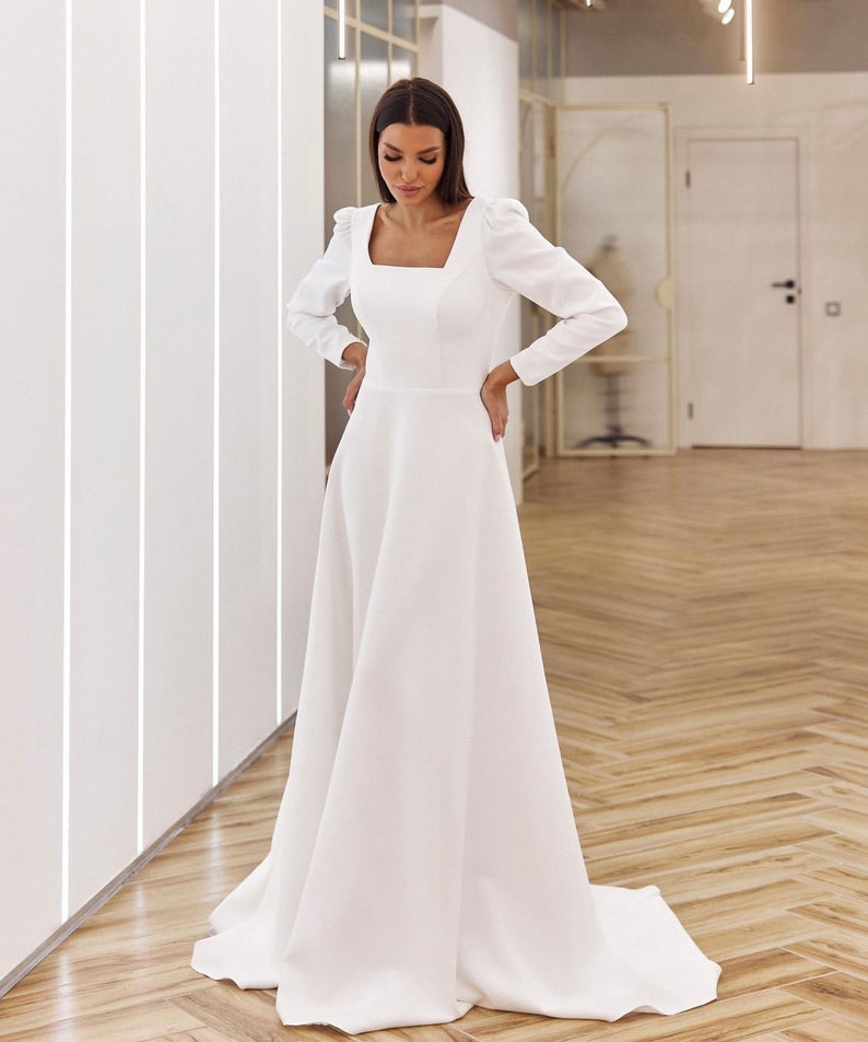 Long Sleeve Wedding Dress Square Neck Wedding Dress Low Back - Etsy