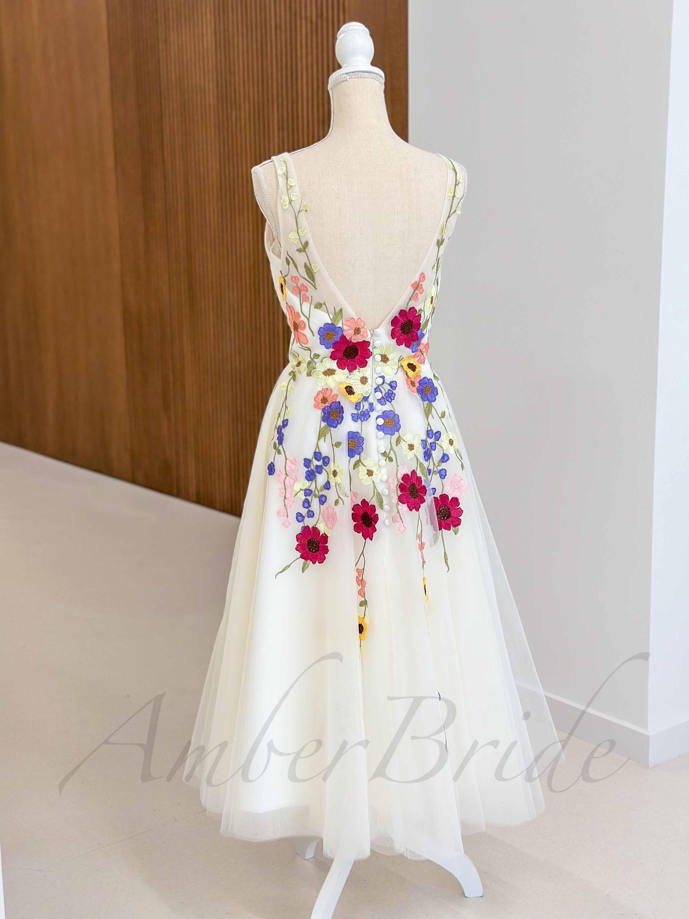Short Floral Wedding Dress Tea Length Fairy Dress With Flowers Colorful ...