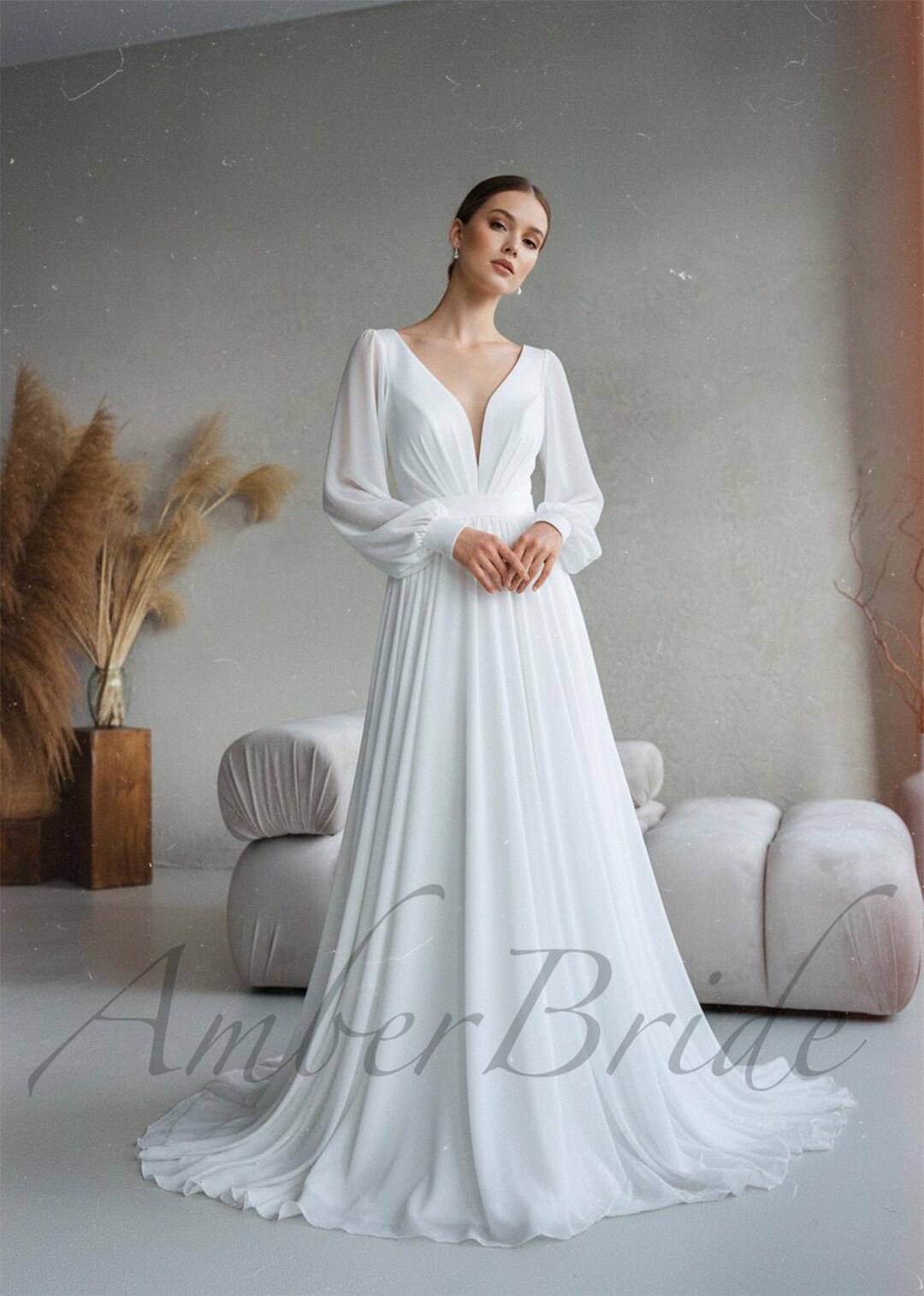 Long Sleeve Chiffon Wedding Dress With Corset Back, V-neck Bishop ...