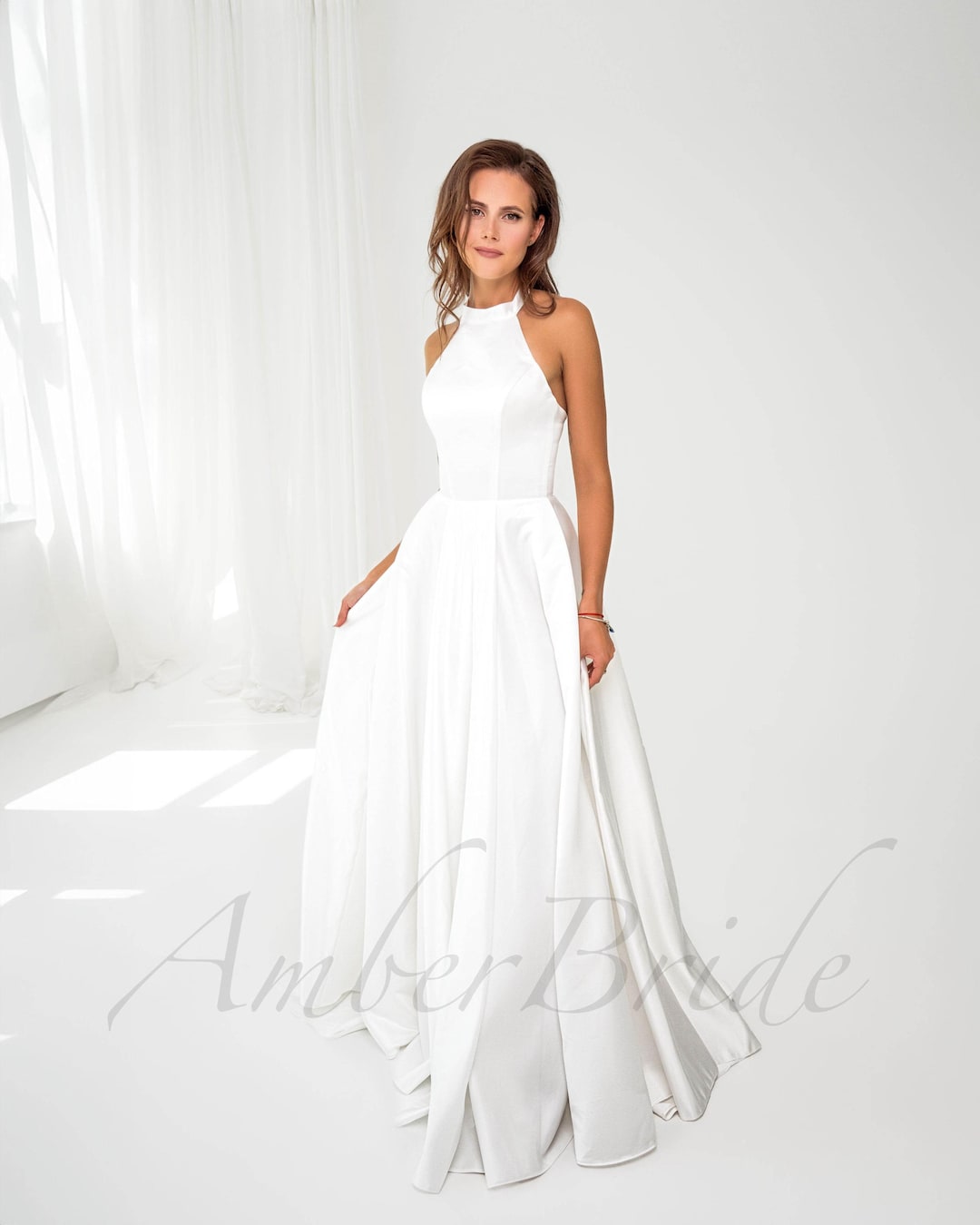 High Neck Satin Wedding Dress High Neck Simple Wedding Dress Satin ...