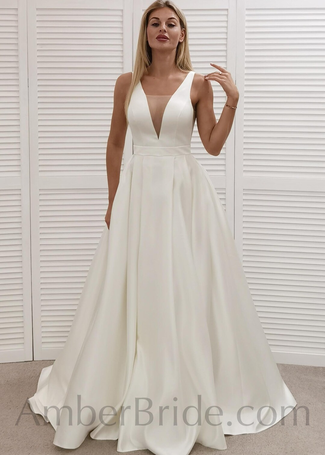 Simple Wedding Dress Deep V Wedding Dress Open Back Wedding - Etsy