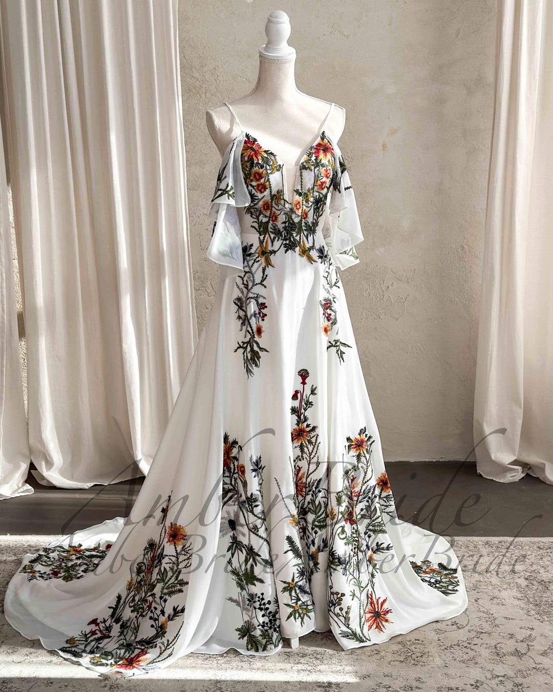 Colorful Floral Embroidered Wedding Dress Forest Fairy Wedding Dress ...