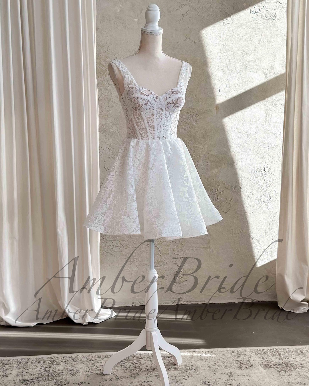 Short Floral Lace Wedding Dress Knee Length Romantic Alternative ...