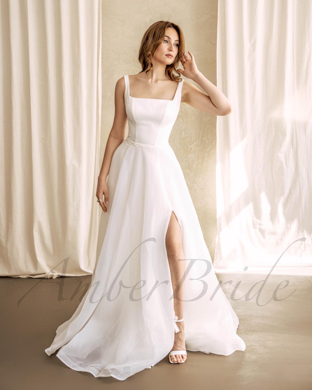 Simple A Line Wedding Dress Square Neck Satin Dress Wedding Casual ...