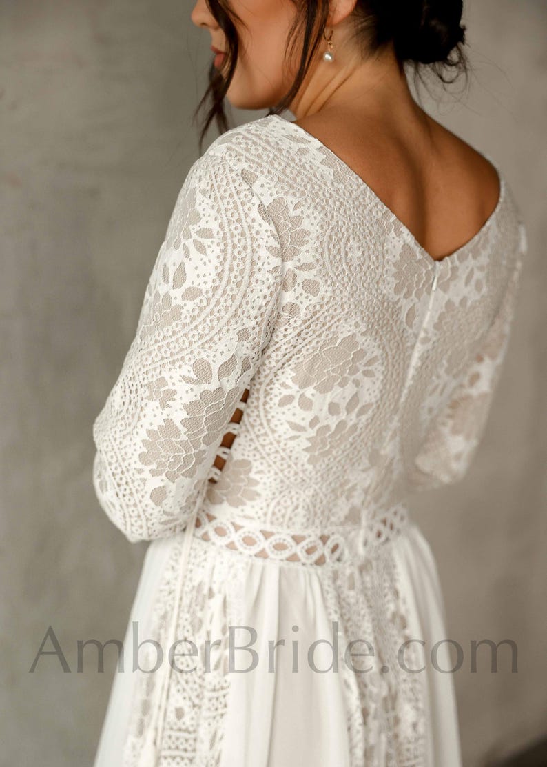 Boho Lace Wedding Dress With Long Sleeves, Rustic Crochet Lace Bridal ...