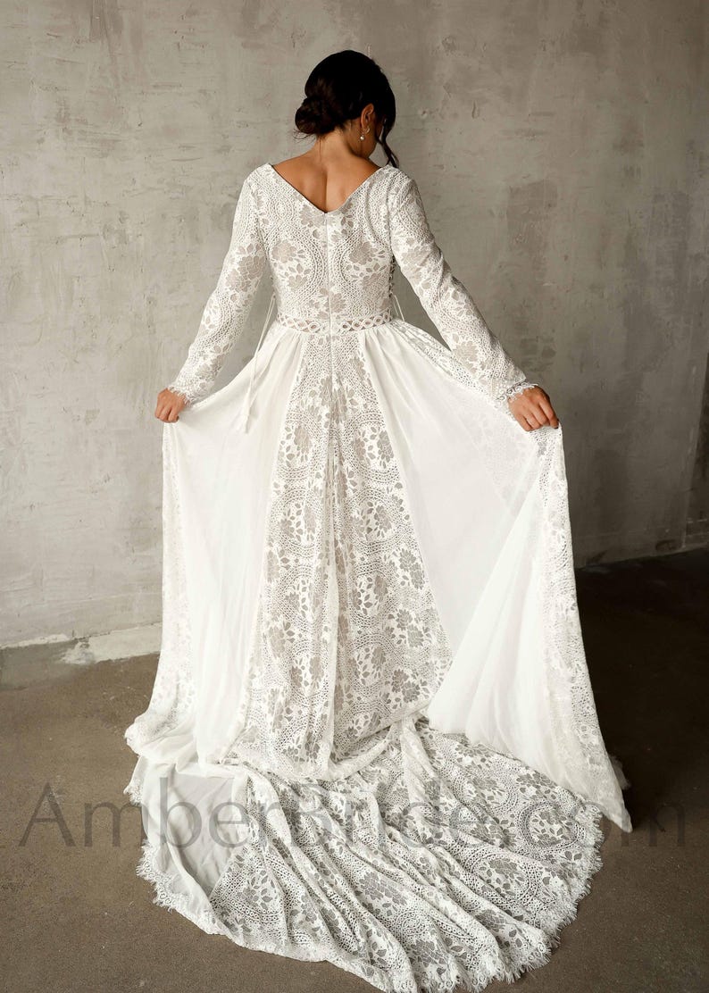 Boho Lace Wedding Dress With Long Sleeves, Rustic Crochet Lace Bridal ...