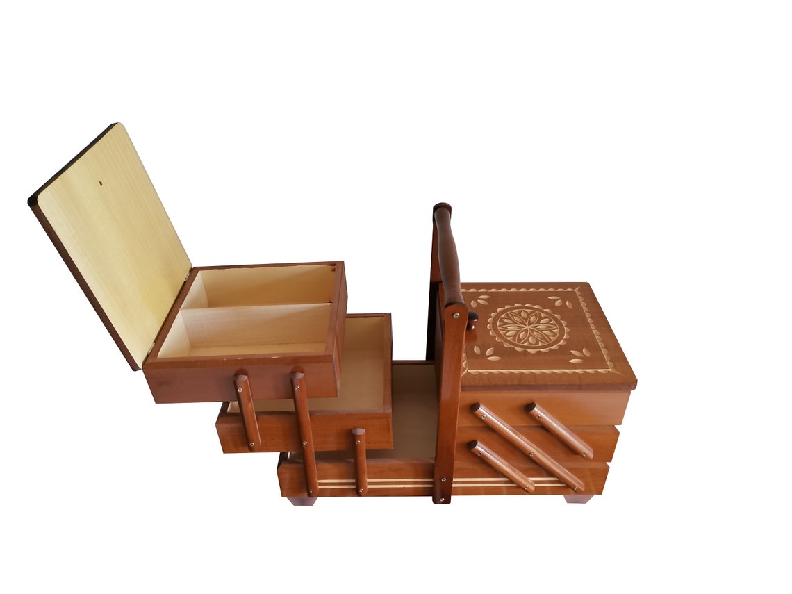 Huge Sewing Box From Wood Light Brown Carved Sewing Caddy - Etsy