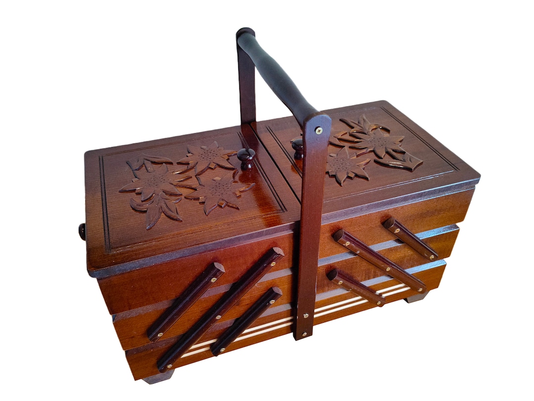 Large Wooden Box for Sewing Kit, Wood Carved Storage Box for Sewing ...
