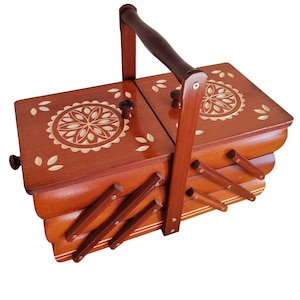 Brown Sewing Box, Wooden Sewing Caddy, Jewellery Box for Girl, Needles ...