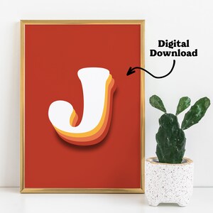 Retro Letter J Print: Initial Wall Art, Kids Room Decor (digital ...