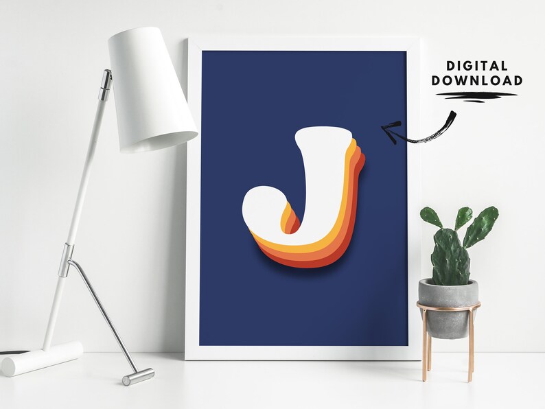 Retro Letter J Print: Navy Blue Initial Sign (digital Download) - Etsy