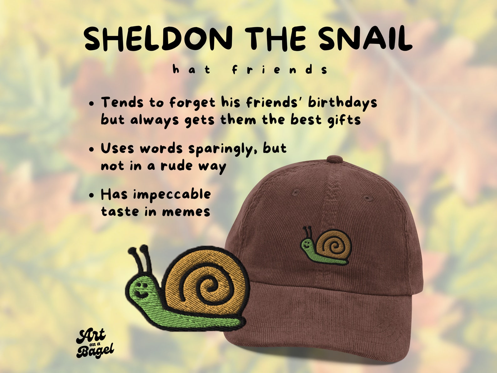 Embroidered Corduroy Snail Hat, Vintage Dad Cap, Happy Snail Patch ...