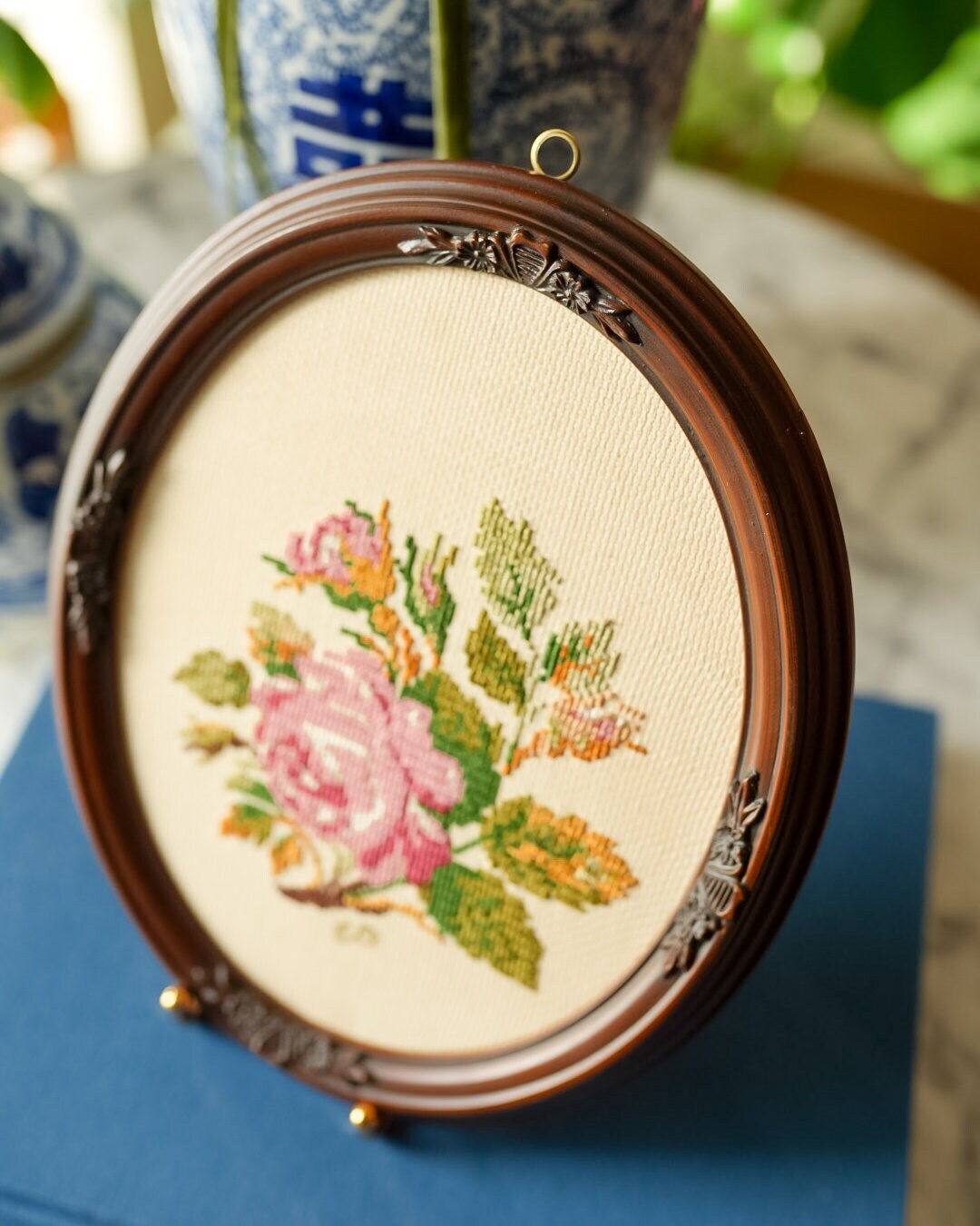Vintage Oval Needlepoint Floral Hanging Frame - Etsy