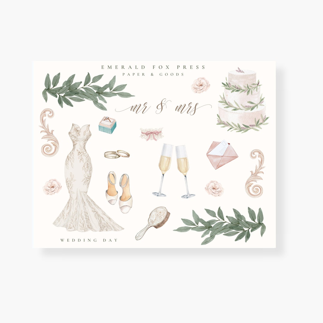 Wedding Day Sticker Sheet, Watercolor Illustrations, Wedding Planner ...