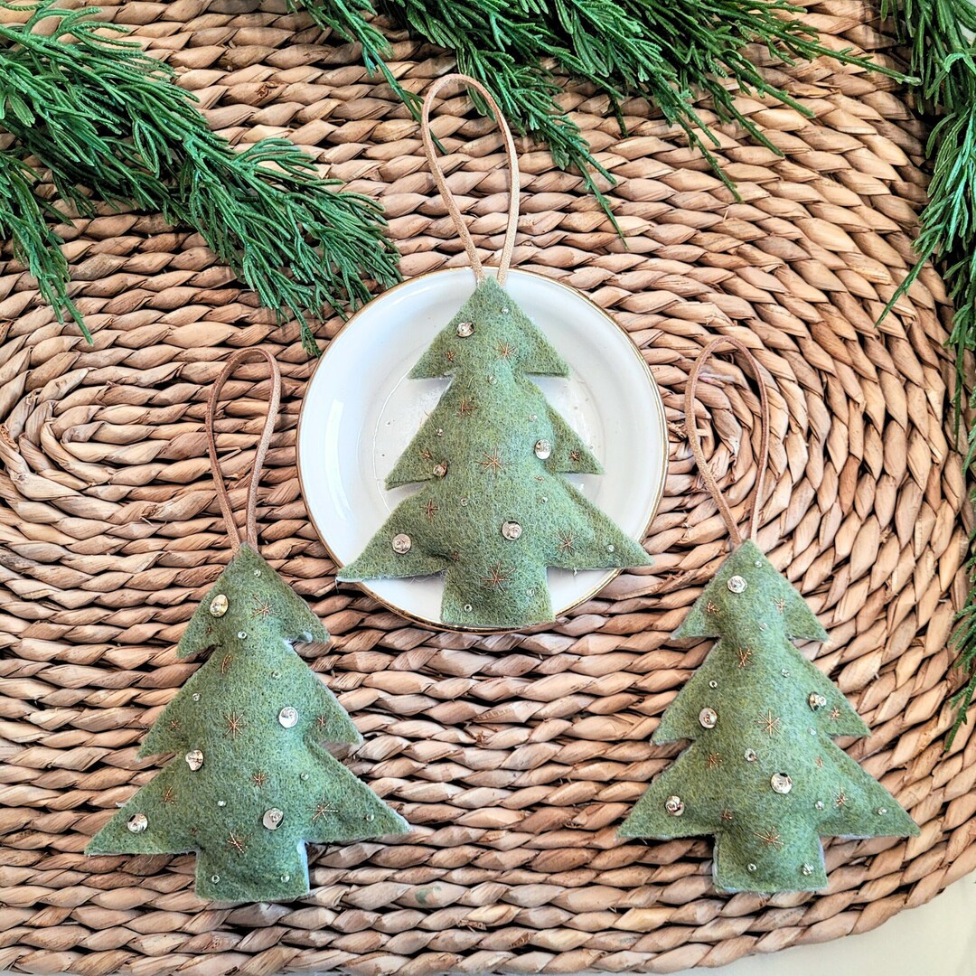 Set of Three Holiday Trees or Stars Beaded Felt Ornaments Gift Tags ...