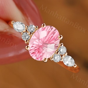 Star Firework Cut Cluster Engagement Ring - Oval Padparadscha Rose Gold ...