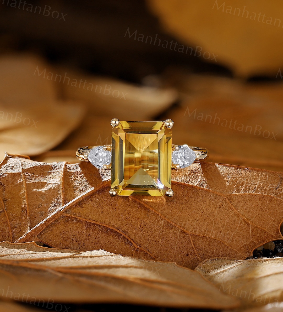Art Deco Emerald Cut Yellow Citrine Engagement Ring - Yellow Gold ...