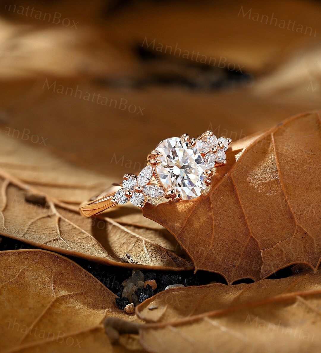 Unique Moissanite Cluster Engagement Ring - Nature Inspired Rose Gold ...