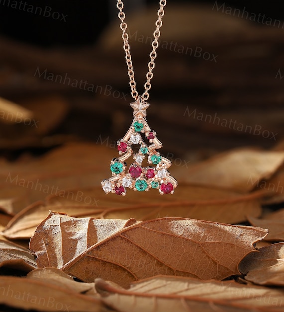 Delicate Christmas Tree Necklace Dainty Emerald Ruby Pendant Rose Gold Xmas Jewelry Gift for Her by Manhattan Box Etsy