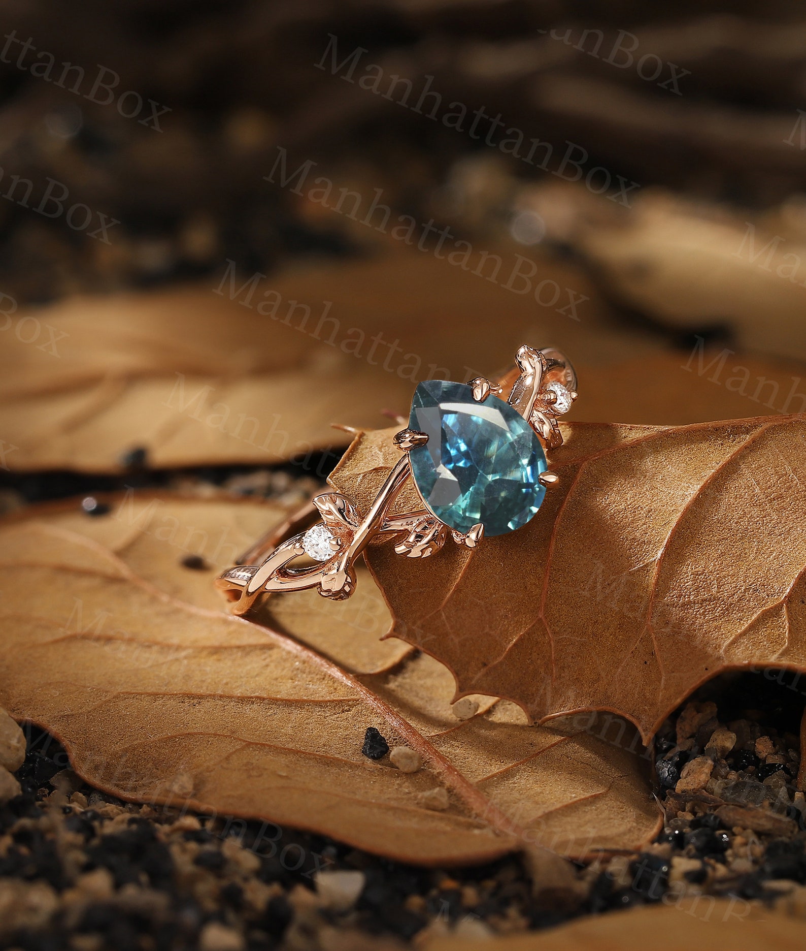 Teardrop Teal Sapphire Engagement Ring - Rose Gold Nature Inspired ...