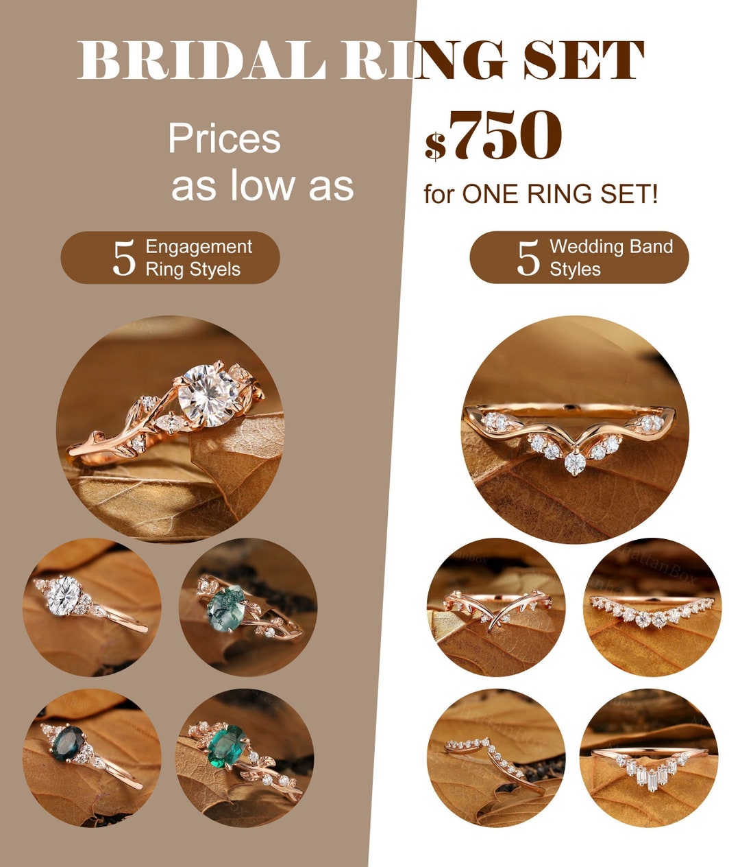Manhattan Box Nature Inspired 14K Gold Bridal Set Moissanite Pear Moss ...