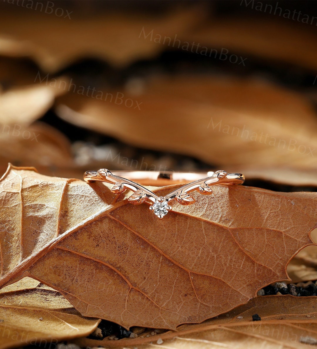 Leaf Moissanite Curved Wedding Band - Rose Gold Nature Inspired Stacking Ring - Minimalist ...