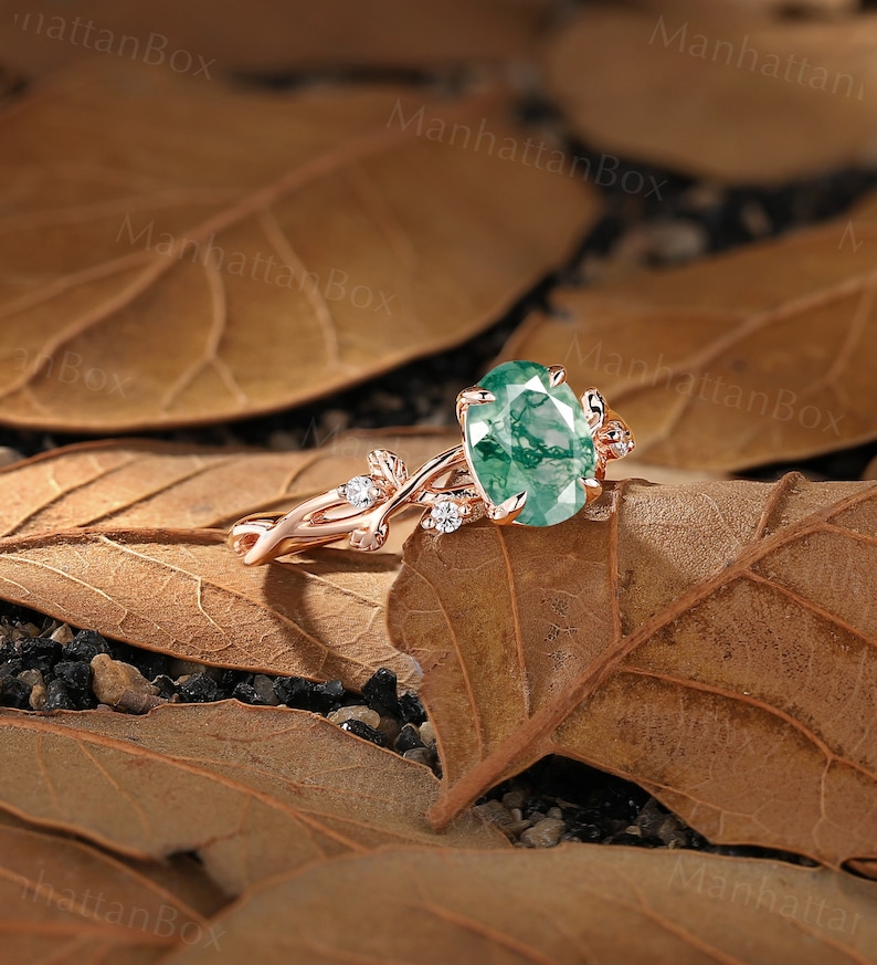 Natural Moss Agate Engagement Ring - Rose Gold Water Grass Leaf Promise ...