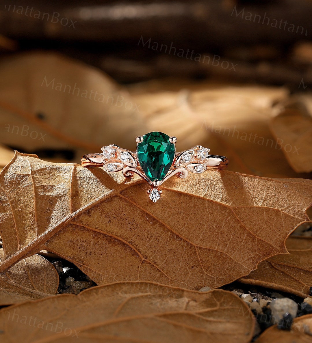 Emerald Leaf Engagement Ring Rose Gold Pear Ring Unique Round Diamond ...