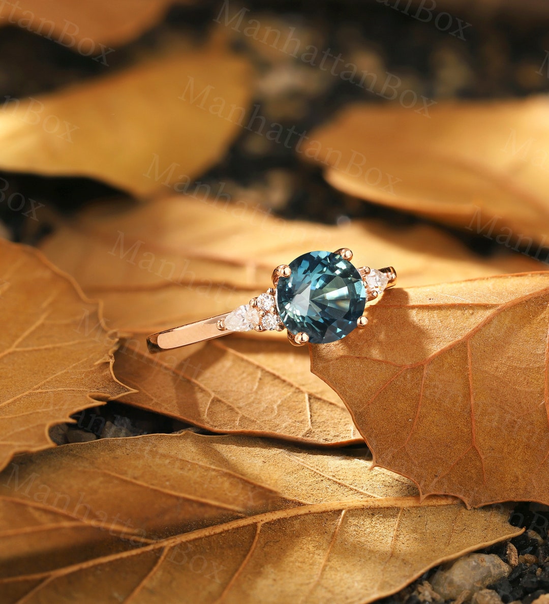 Rose Gold Teal Sapphire Engagement Ring Vintage Round Wedding Ring With ...