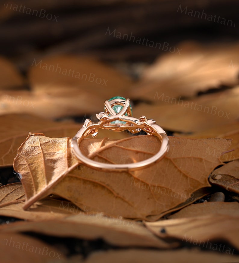 Natural Moss Agate Engagement Ring - Rose Gold Water Grass Leaf Promise ...
