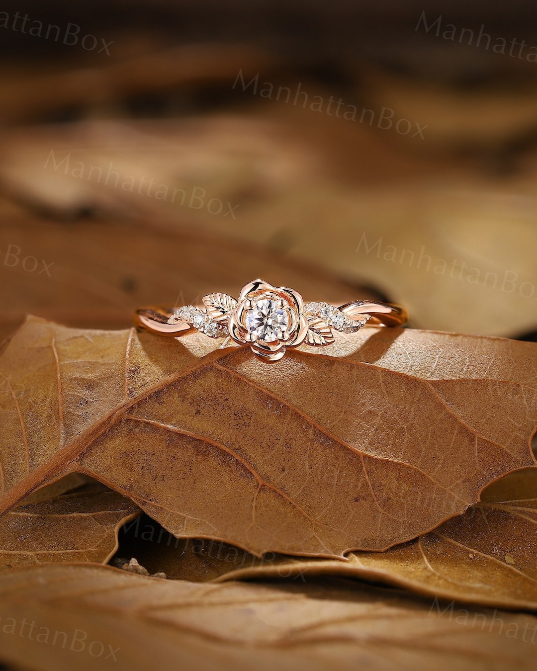 Flower Moissanite Engagement Ring Rose Gold Nature Inspired Leaf ...