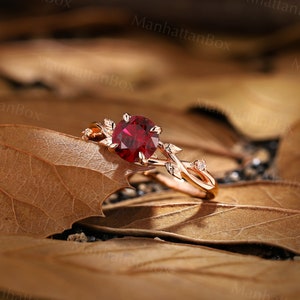 Vintage Round Ruby Engagement Ring - Rose Gold Leaf Branch Wedding Ring - Unique Natural Diamond ...