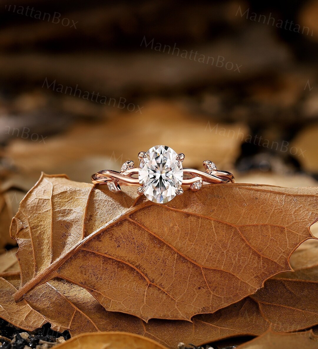 Nature Inspired Oval Moissanite Engagement Classic Twist & Twig Rose Gold Ring Vintage Diamond ...