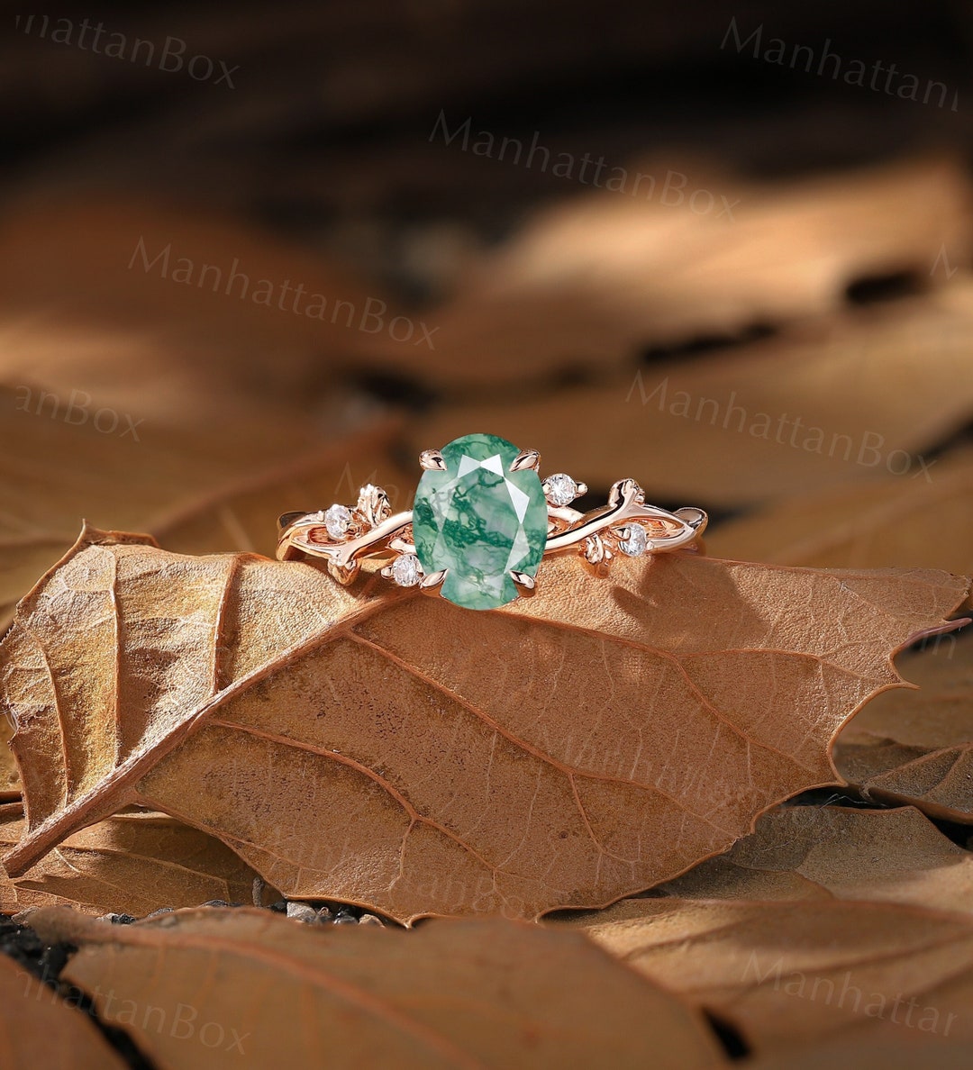 Natural Moss Agate Engagement Ring - Rose Gold Water Grass Leaf Promise ...