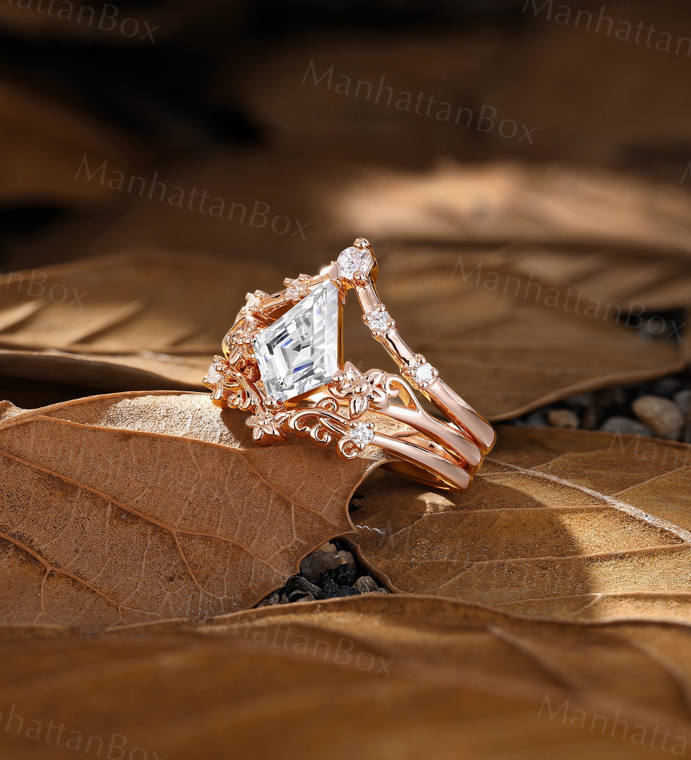 Nature Inspired Moissanite Engagement Ring Set Rose Gold Floral Kite ...