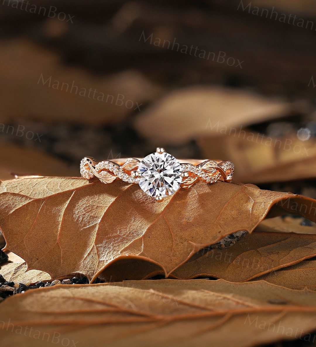 Vintage Round Moissanite Engagement Ring Rose Gold Antique Diamond ...