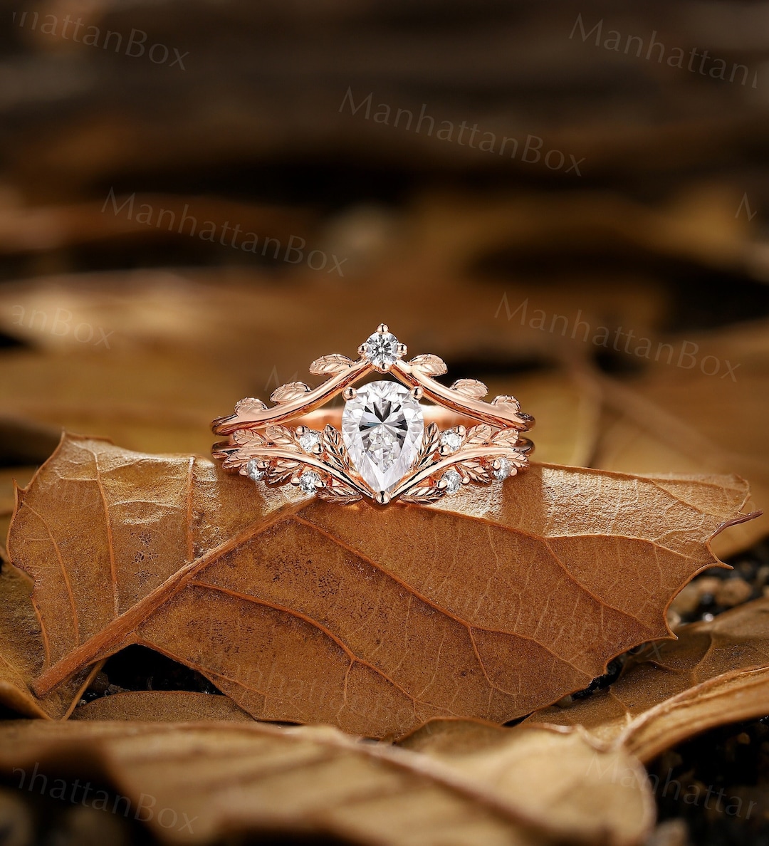 Nature Inspired Moissanite Engagement Ring Set - Rose Gold Pear Leaf ...