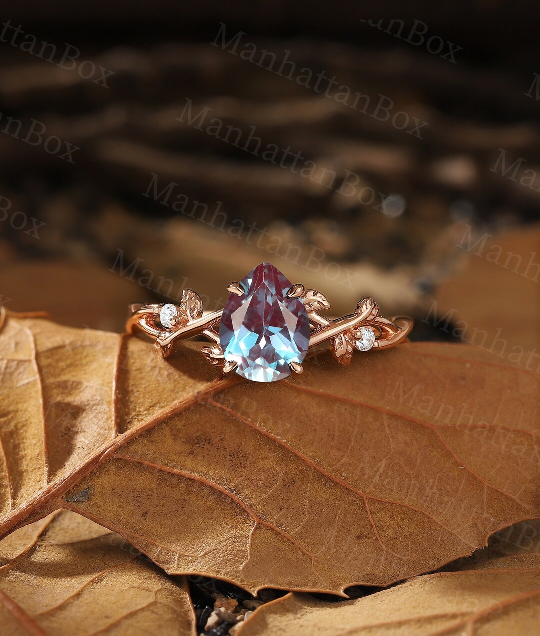 Pear Shape Alexandrite Engagement Ring Rose Gold Branch and Leaf ...