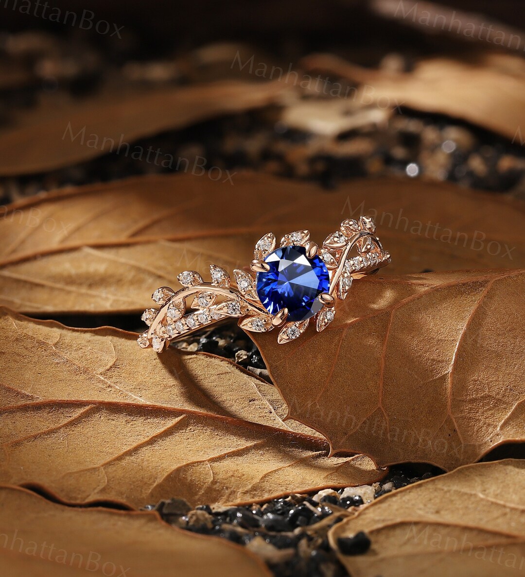 Vintage Round Sapphire Engagement Ring Rose Gold Twist Ring Unique Leaf ...