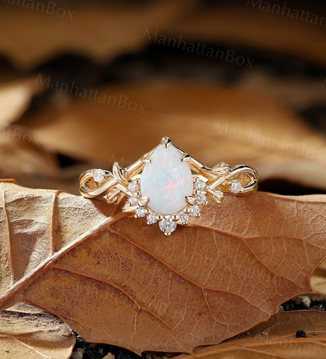Nature Inspired Natural Opal Engagement Ring - Yellow Gold Leaf Twist ...