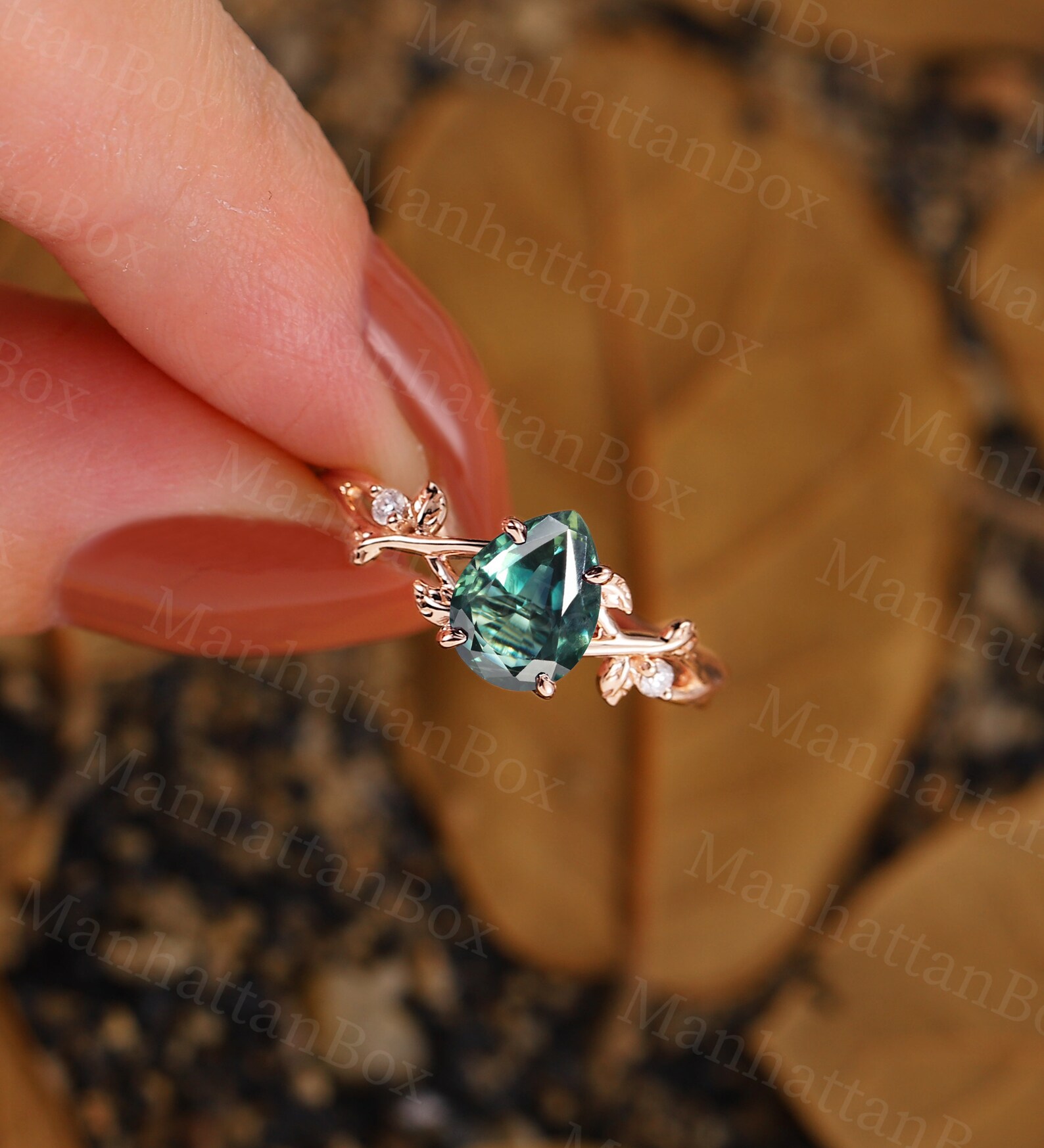 Teardrop Teal Sapphire Engagement Ring - Rose Gold Nature Inspired ...
