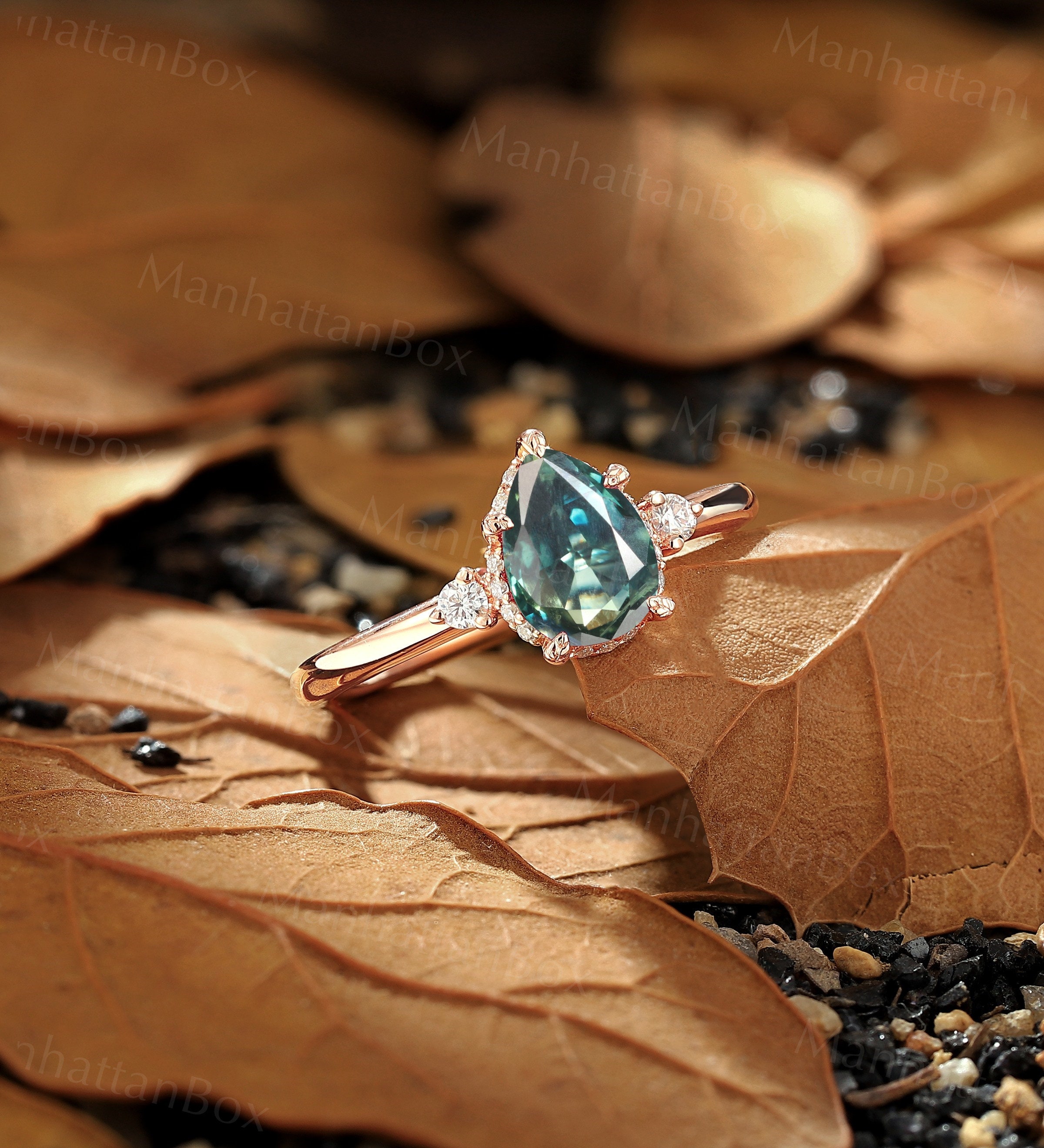 Teardrop Teal Sapphire Engagement Ring - Rose Gold Nature Inspired ...
