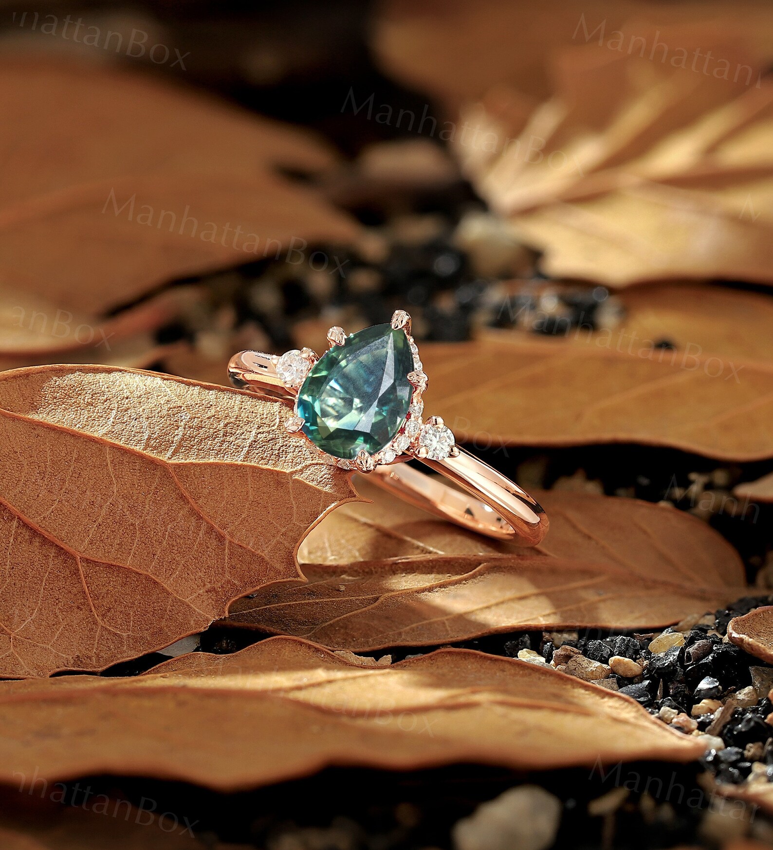 Teardrop Teal Sapphire Engagement Ring - Rose Gold Nature Inspired ...