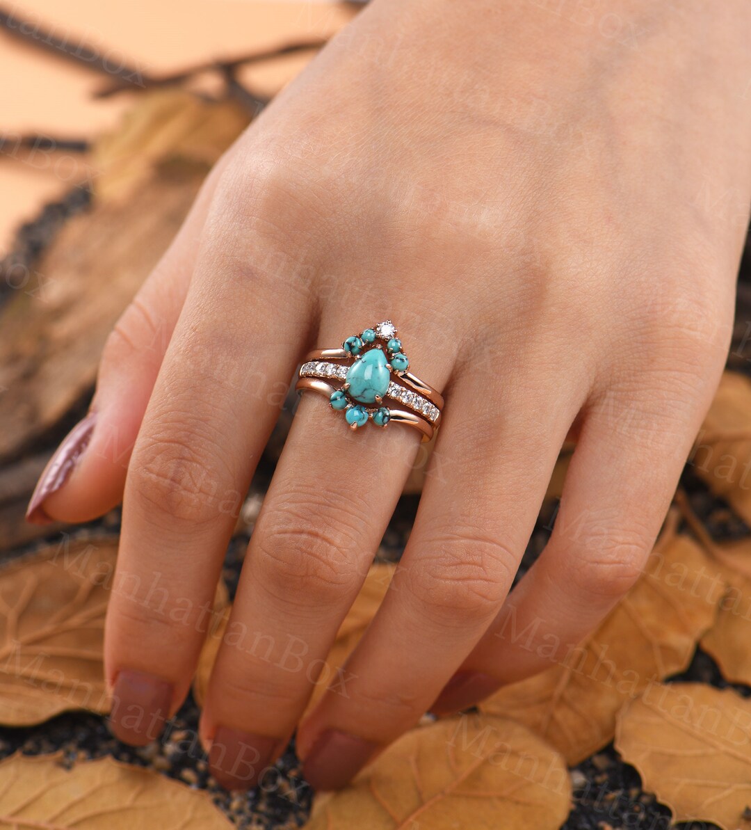 Manhattan Box 3PCS Turquoise Engagement Ring Set Vintage Pear Cut Rose ...