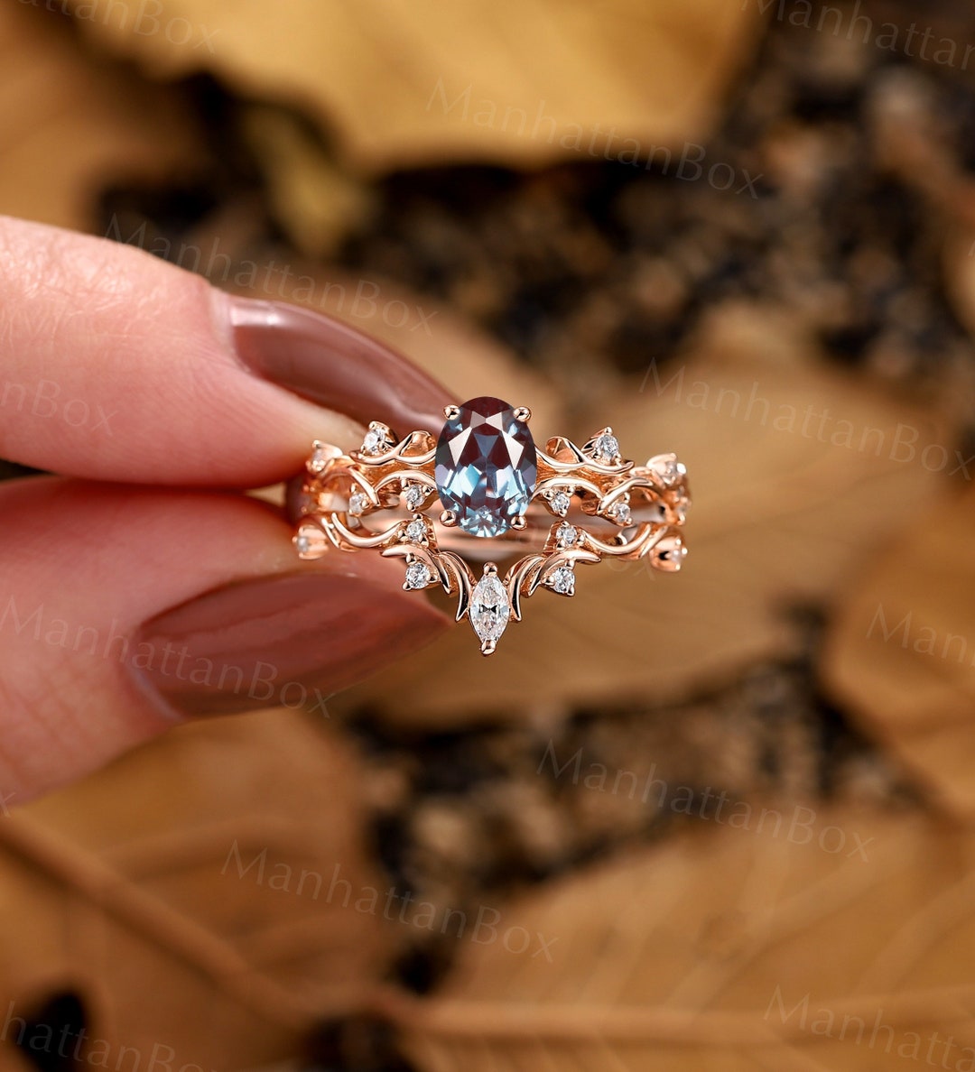 Nature Inspired Ring Set Oval Alexandrite Engagement Ring Set Vintage ...