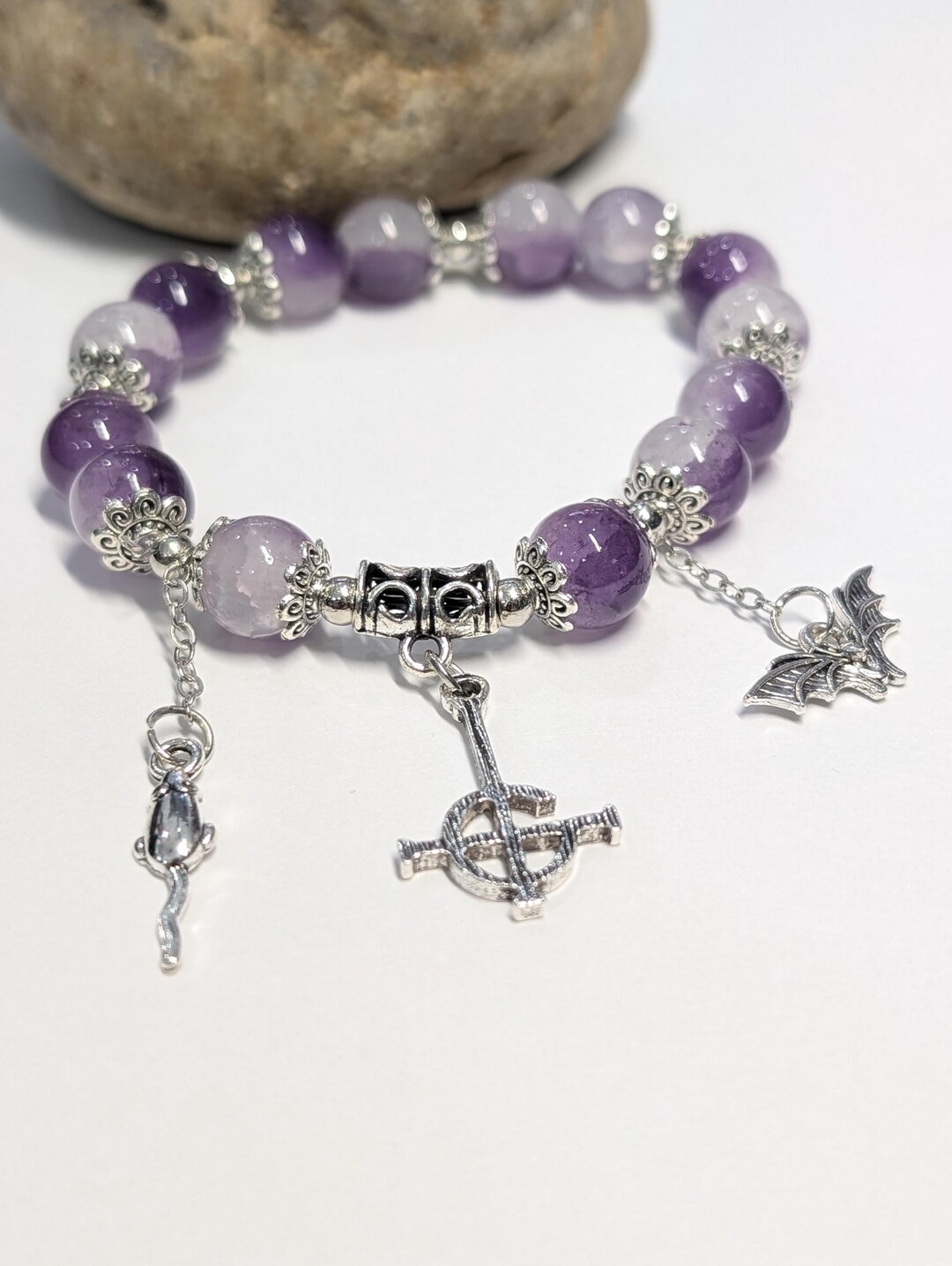 Ghost Band Mystery Cross Rat Bat Purple Glass Bead Charm Bracelet - Etsy