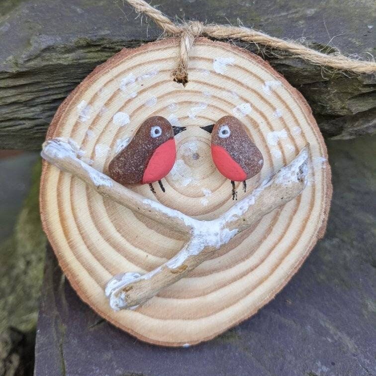 Sea Glass Robin Wood Slice Decorations - Etsy UK