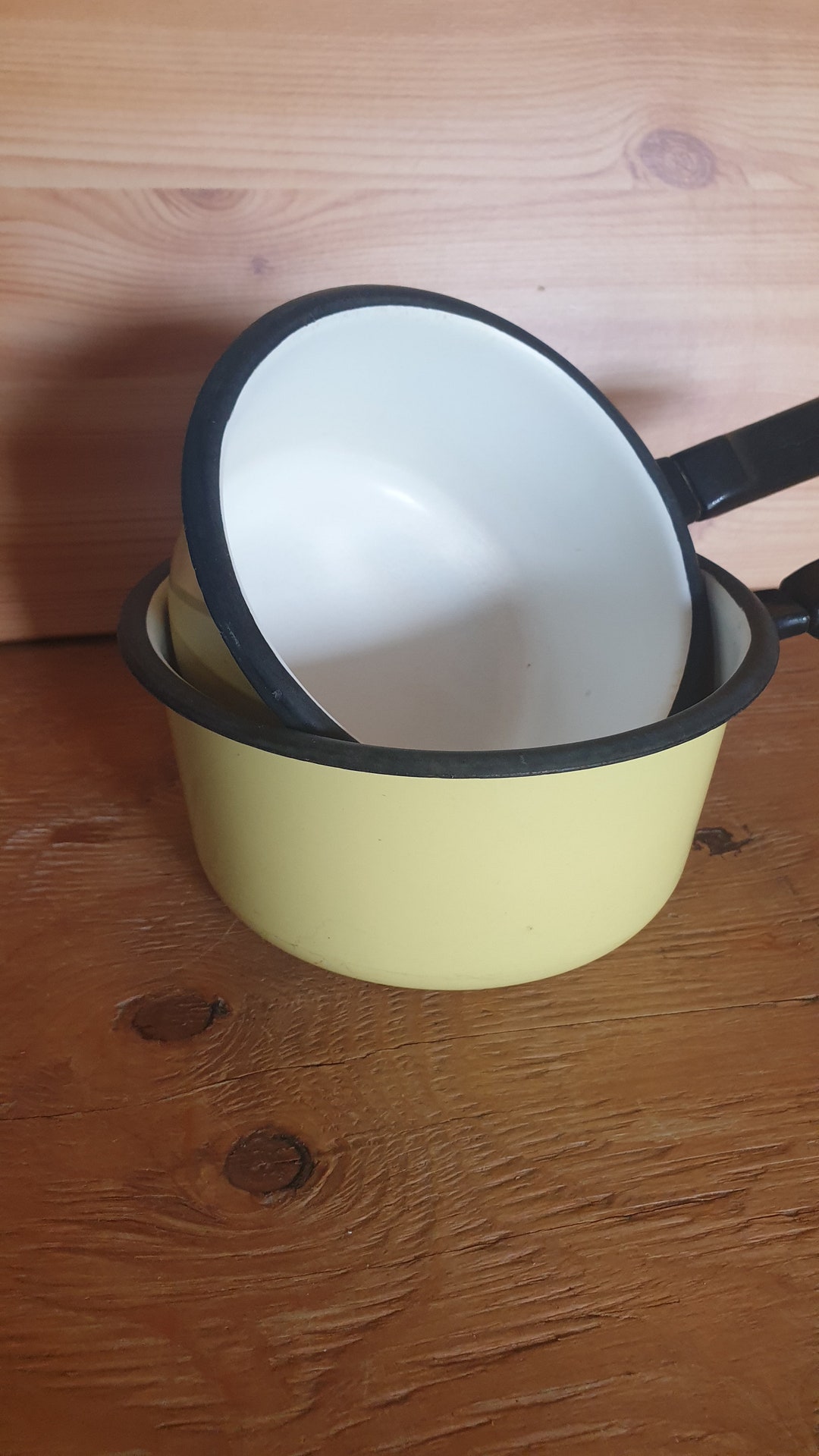 Old Duo of Pastel Yellow Enameled French Saucepans Vintage Kitchen Pans ...